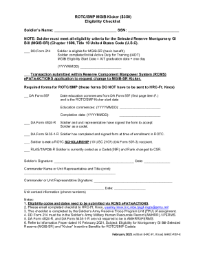 Fillable Online Rotc/smp Mgib Kicker Eligibility Checklist Fax Email ...