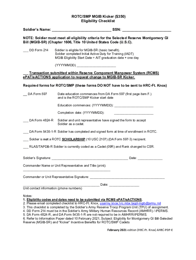 Fillable Online Rotc/smp Mgib Kicker Eligibility Checklist Fax Email ...