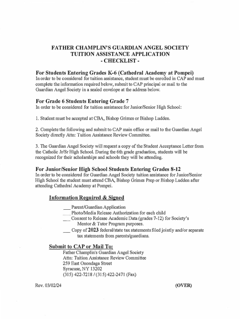 Fillable Online Father Champlin's Guardian Angel Society Tuition ...