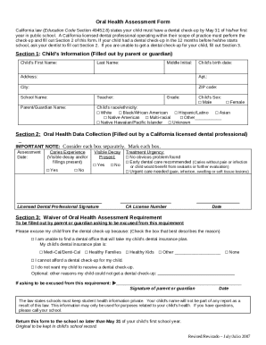 Fillable Online Oral Health Assessment Form for California School ...