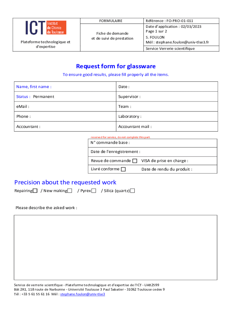 Remplissable en ligne Request form for glassware Fax Email Imprimer - pdfFiller