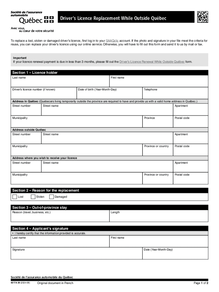 Fillable Online Drivers Licence Replacement While Outside Qubec ...