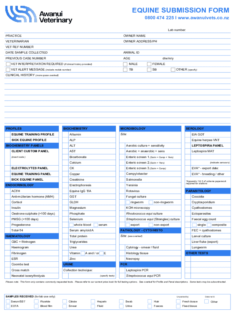 Fillable Online Equine - Submission Forms - Awanui Veterinary Fax Email Print - pdfFiller