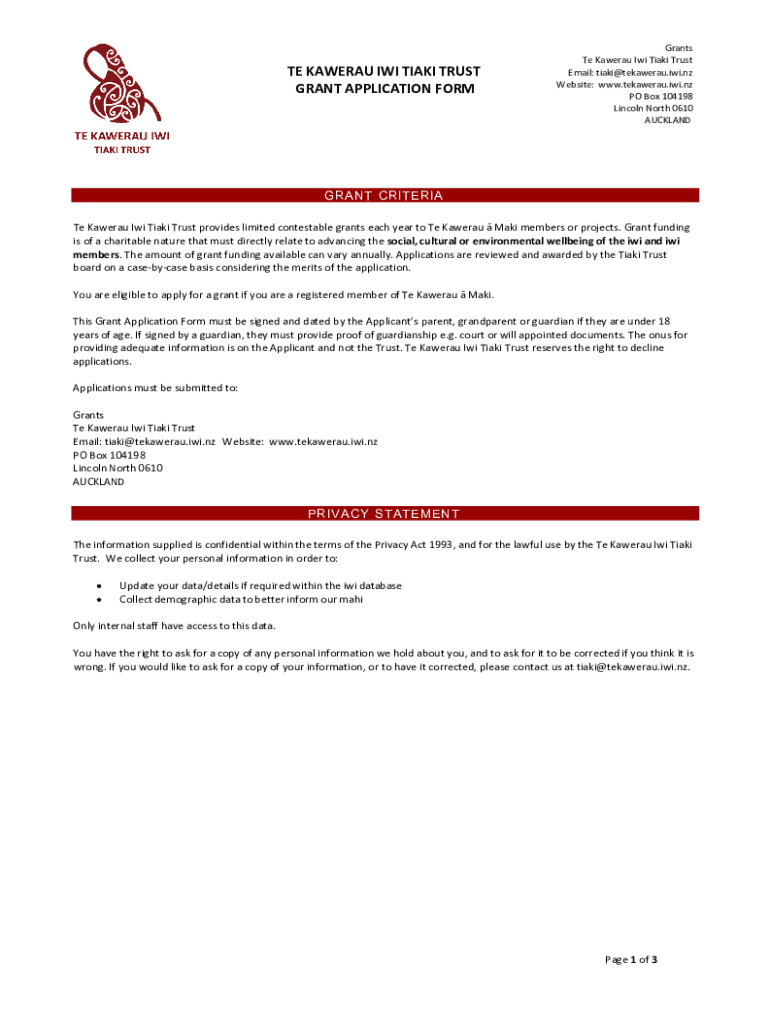 Fillable Online Grant Application Form Te Kawerau Iwi Tiaki Trust Fax ...