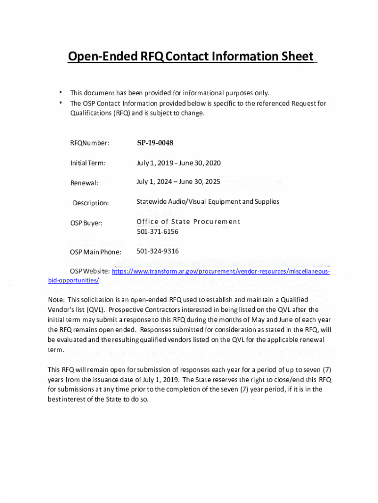 Fillable Online Open-Ended RFQ Contact Information Sheet - Arkansas ...