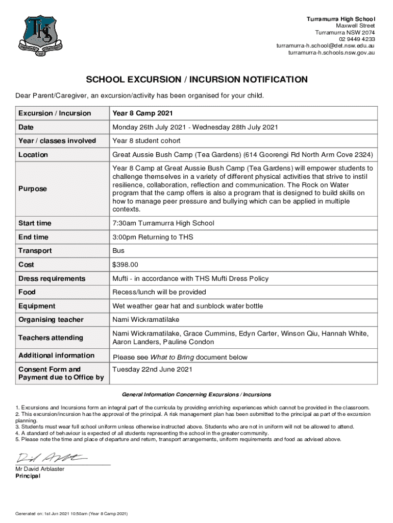 Fillable Online School Excursion / Incursion Notification Fax Email ...