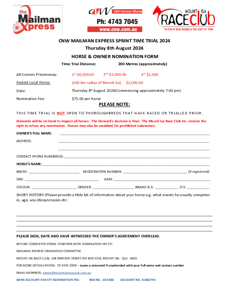 Fillable Online Cnw Mailman Express Sprint Time Trial 2024 Fax Email ...