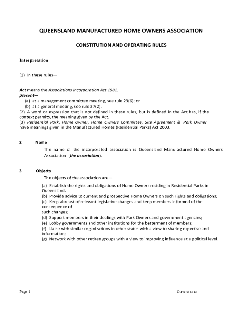 Fillable Online queensland manufactured home owners association... Fax Email Print - pdfFiller