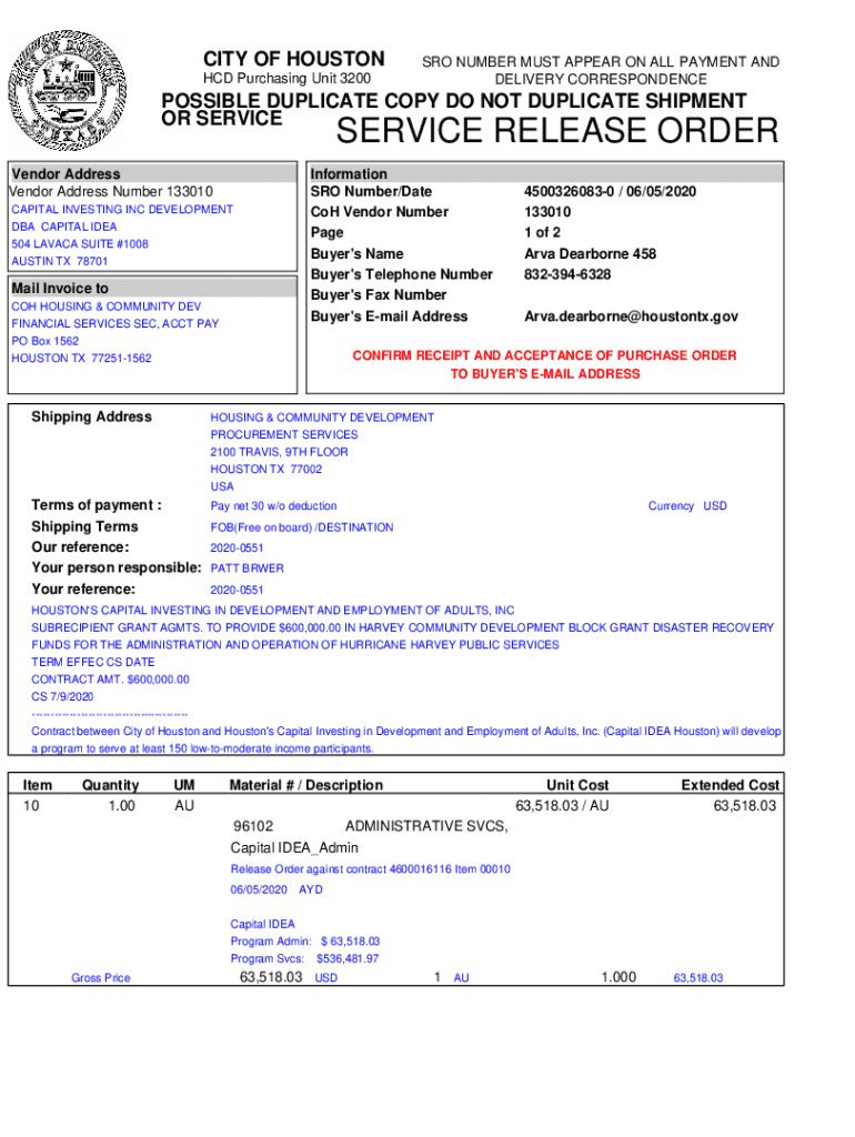 Fillable Online Service Release Order for Capital Idea Houston Grant ...