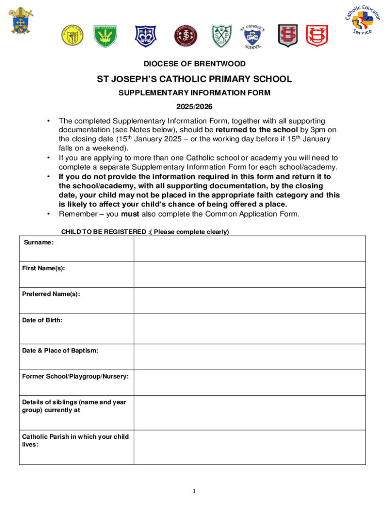 Fillable Online St Joseph’s Catholic Primary School Supplementary Information Form 2025/2026 Fax ...