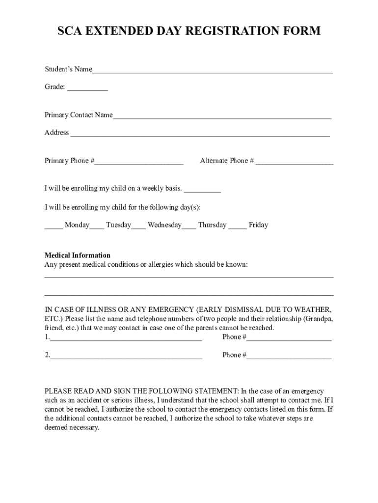 Fillable Online Extended Day Weekly Registration Form Fax Email Print ...