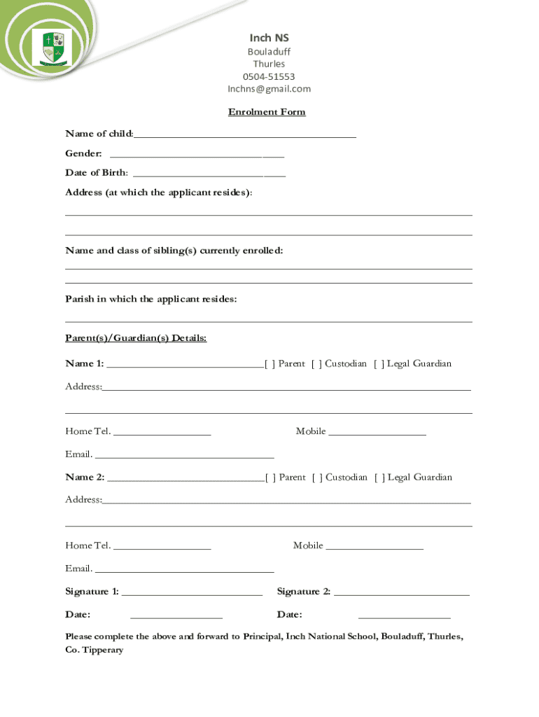 Fillable Online Inch National School Enrolment Form Fax Email Print ...