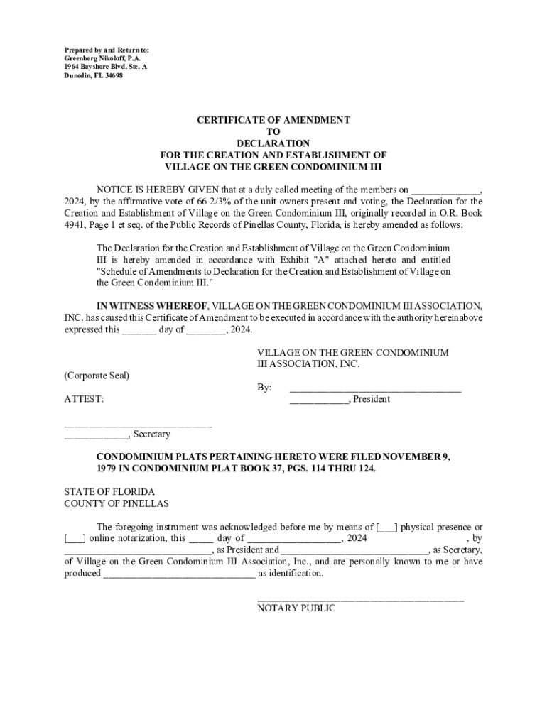Fillable Online Certificate of Amendment to Declaration for the ...