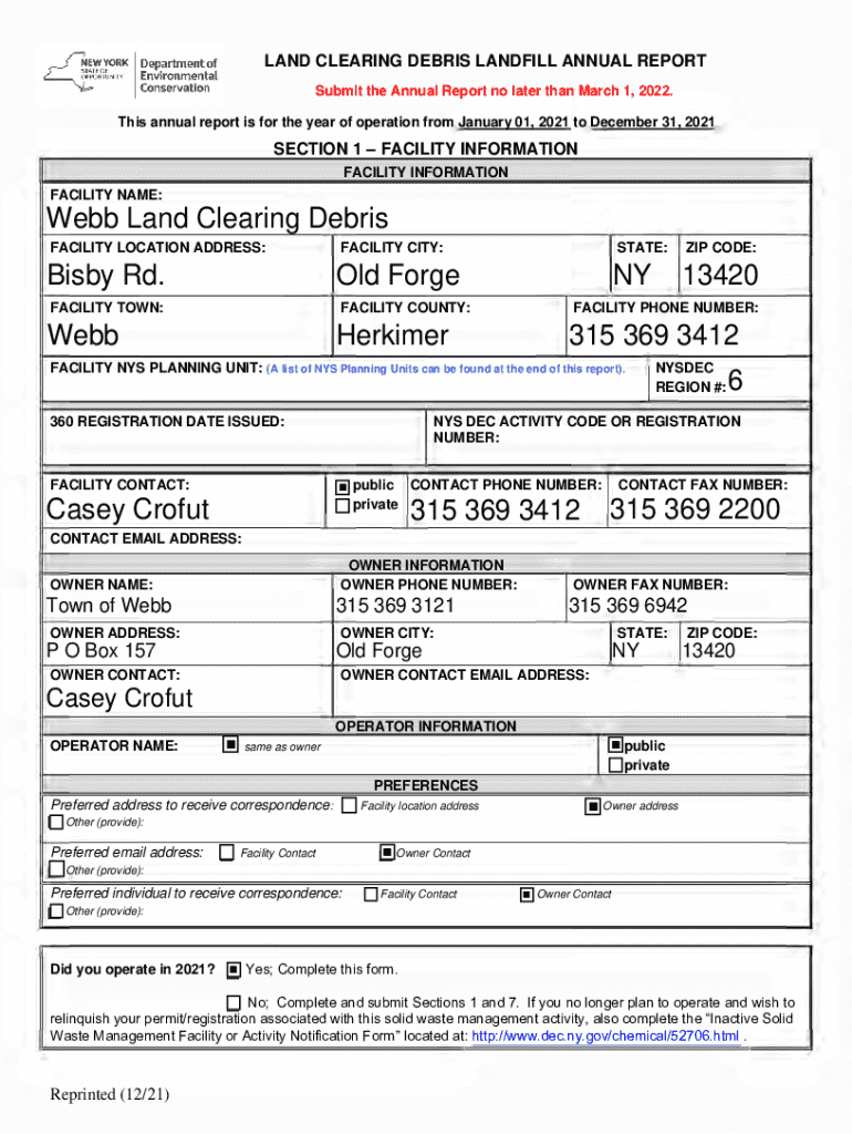 Fillable Online Annual Report for Webb Land Clearing Debris Landfill ...
