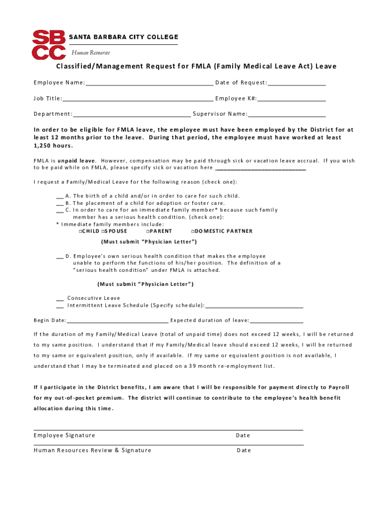 Fillable Online Faculty Request for FMLA (Family Medical Leave Act ...