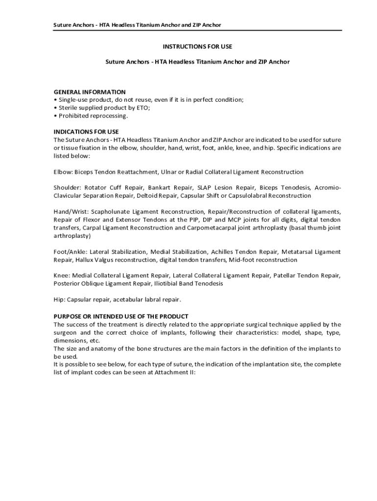 Fillable Online Suture Anchors - Hta Headless Titanium Anchor and Zip ...