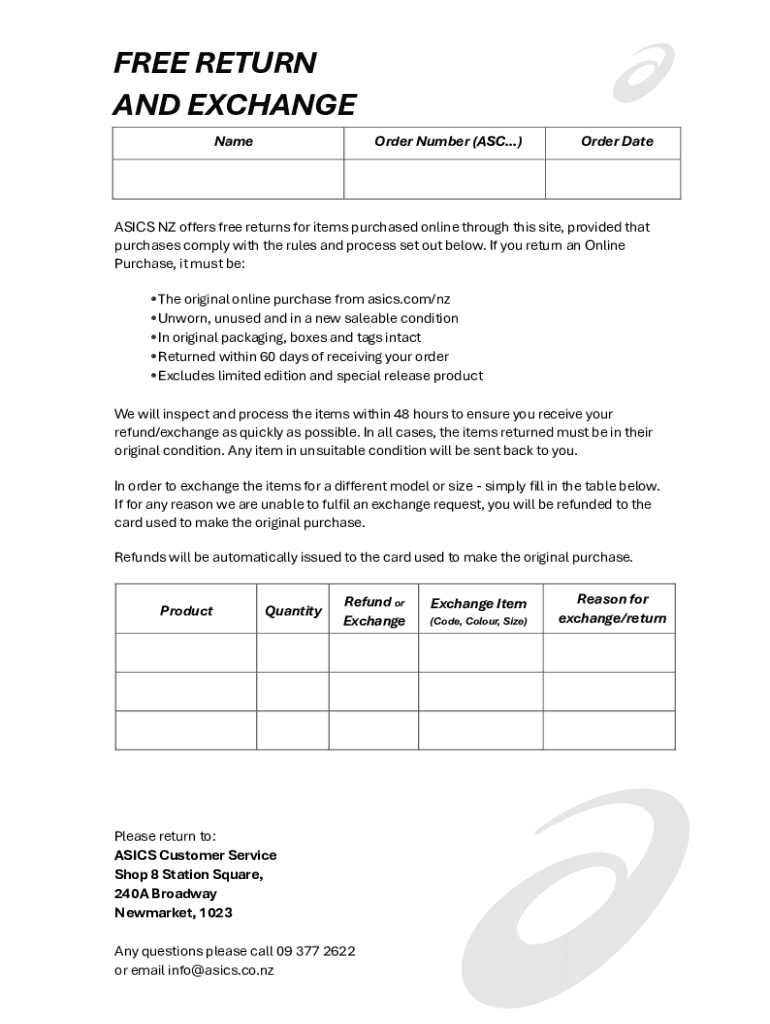 Fillable Online Returns Form - ASICS NZ Fax Email Print - pdfFiller