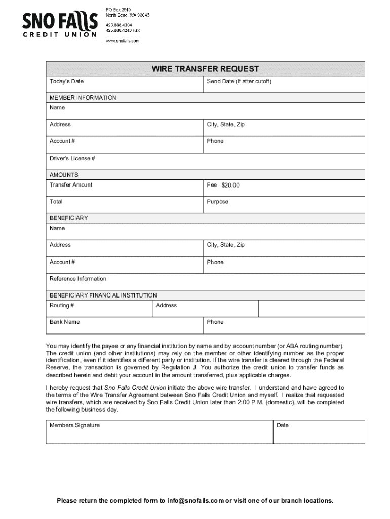 Fillable Online Sno Falls Credit Union Wire Transfer Instructions Fax ...