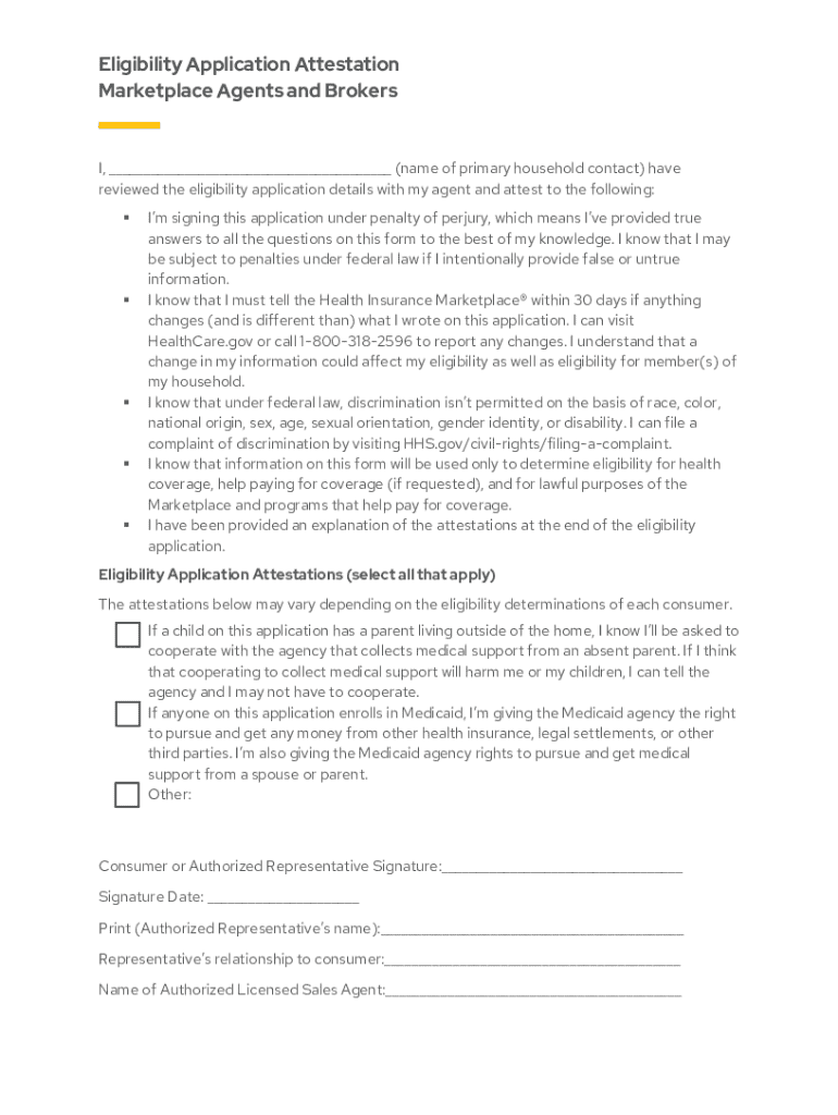 Fillable Online Eligibility Application Attestation Marketplace Agents ...