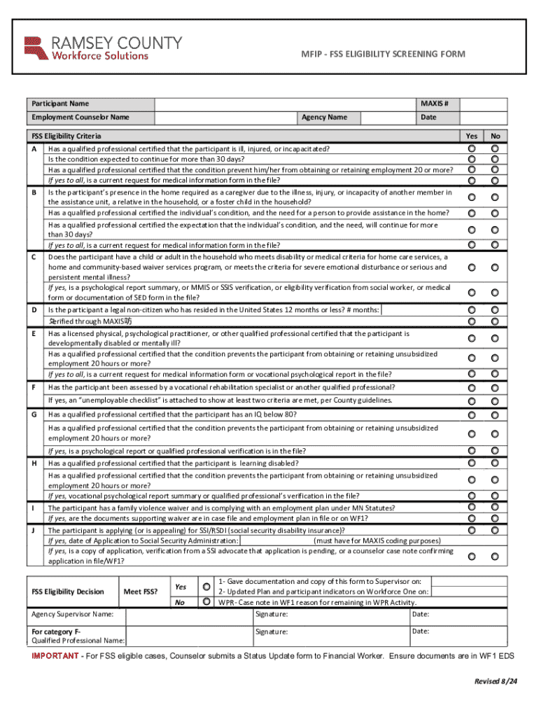 Fillable Online Employment Services FSS ELIGIBILITY SCREENING FORM Fax ...
