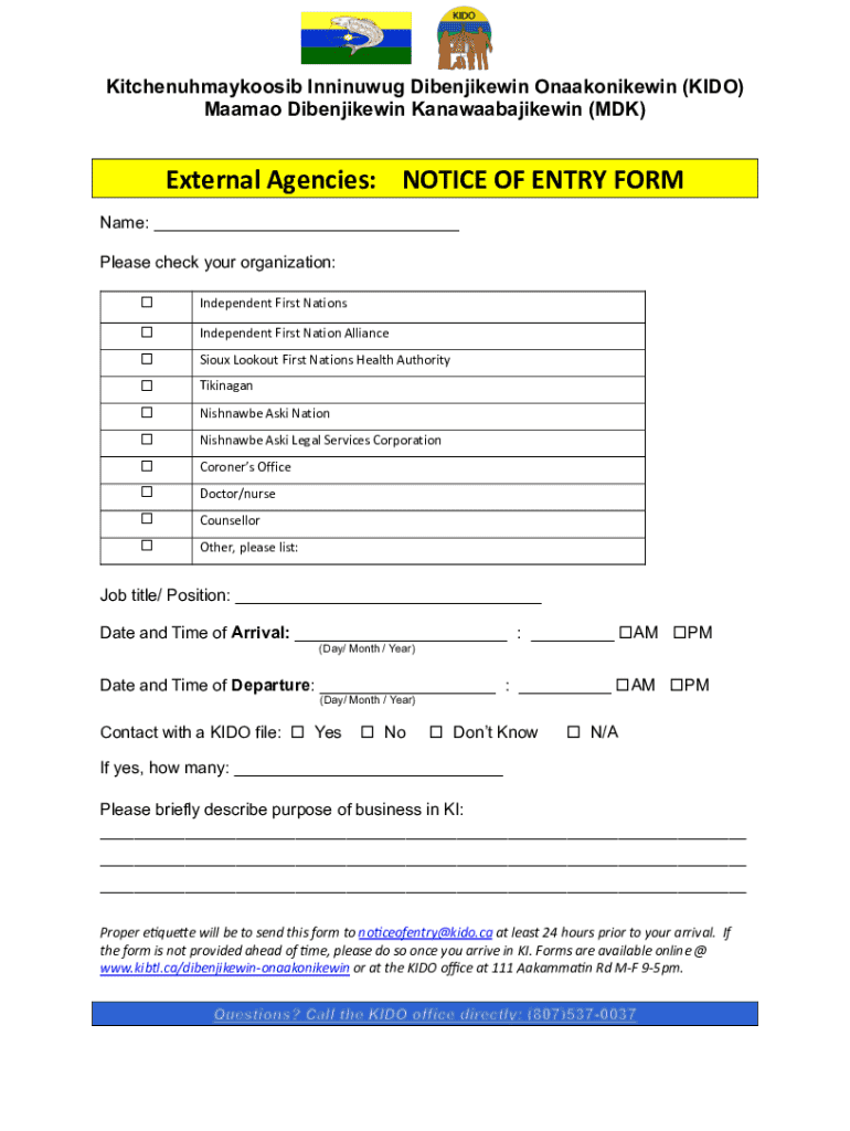 Fillable Online External Agencies: NOTICE OF ENTRY FORM Fax Email Print ...