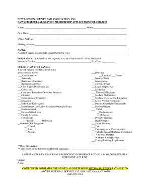 Fillable Online New London County Bar Association Lawyer Referral Service Membership Application ...