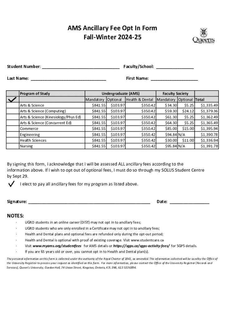 Fillable Online Ams Ancillary Fee Opt in Form for Fall-winter 2024-25 ...