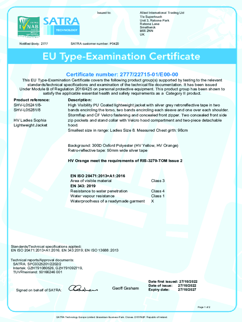 Fillable Online Eu Type-examination Certificate for Personal Protective ...