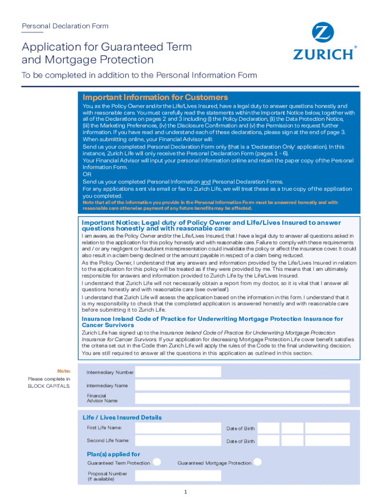 Fillable Online Application for Guaranteed Term and Mortgage Protection ...