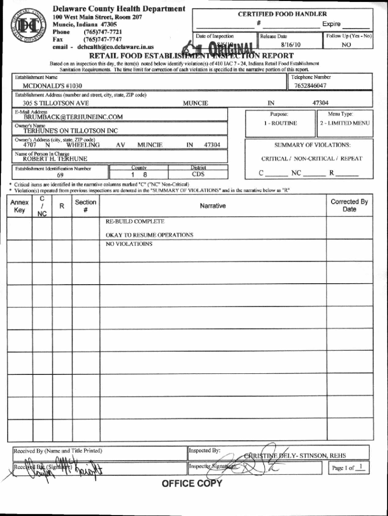 Fillable Online Certified Food Handler Inspection Report Fax Email ...