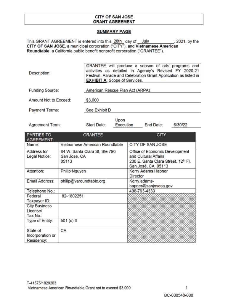 Fillable Online Grant Agreement With Vietnamese American Roundtable Fax ...