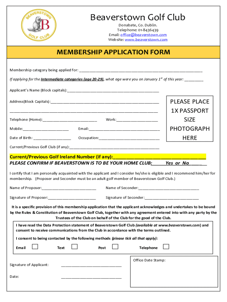 Fillable Online Beaverstown Golf Club Membership Application Fax Email ...