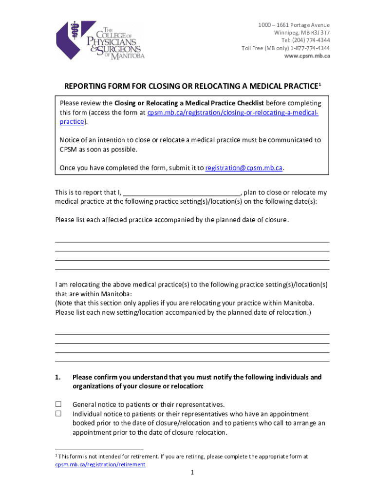 Fillable Online Report for Closing or Relocating a Medical Practice Fax ...