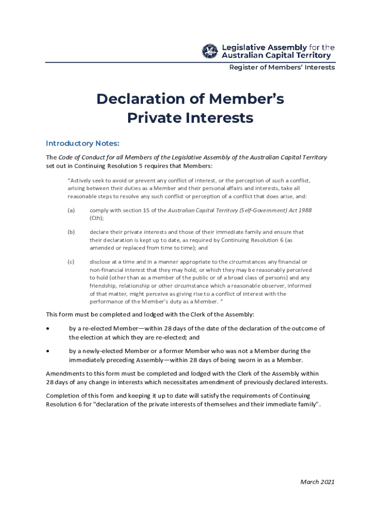 Fillable Online Declaration of Member’s Private Interests Fax Email Print - pdfFiller