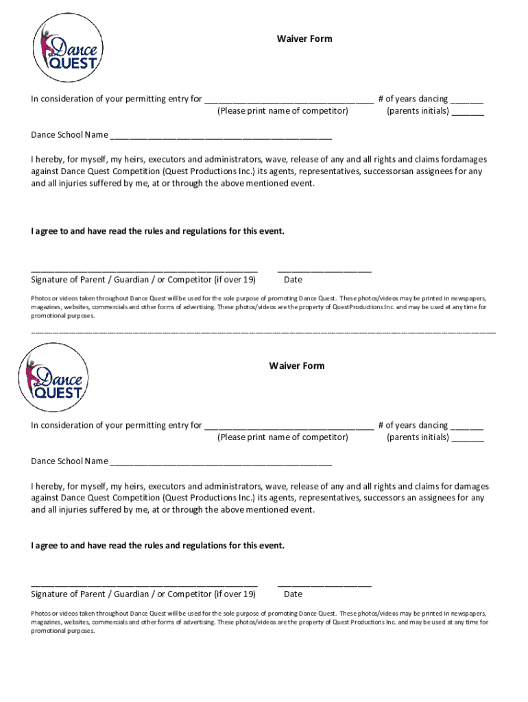 Fillable Online Dance Quest Competition Waiver Fax Email Print - pdfFiller
