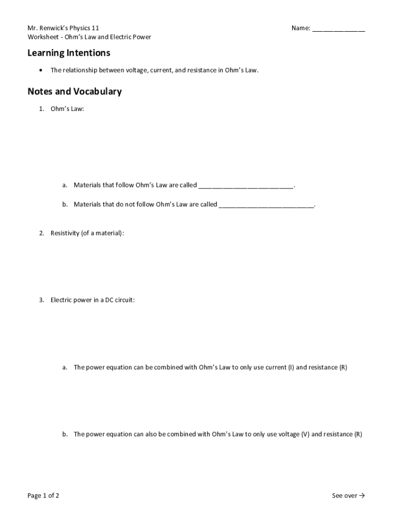 Fillable Online Worksheet - Ohm\'s Law and Electric Power Fax Email ...
