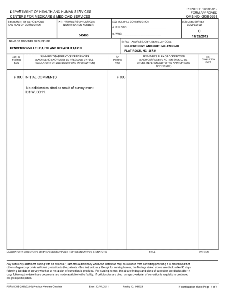 Fillable Online Statement of Deficiencies and Plan of Correction Fax ...