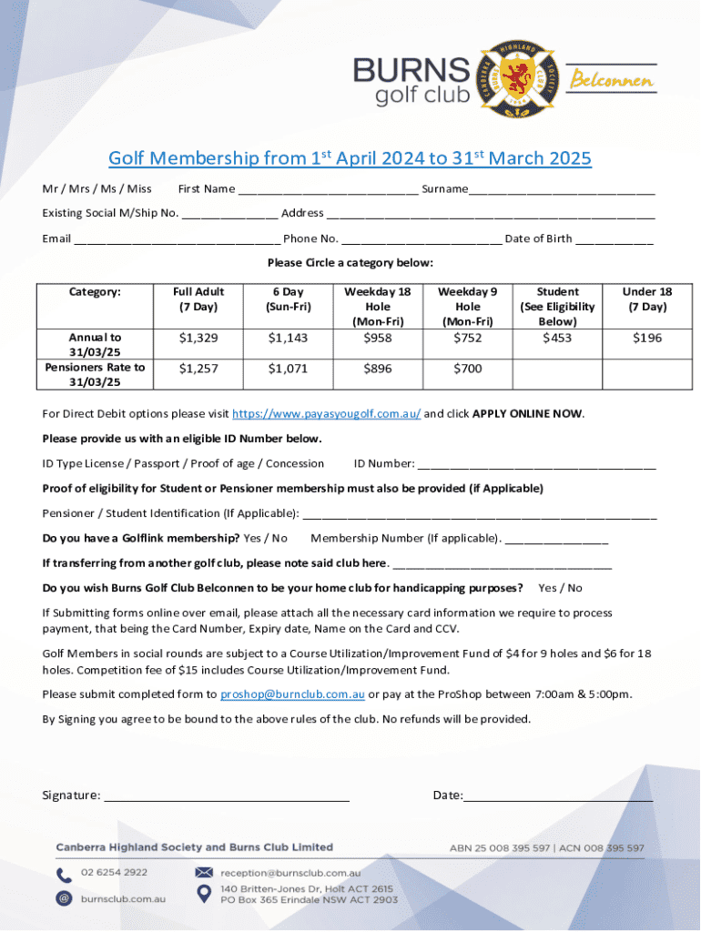Fillable Online Golf Membership Application for 2024-2025 Fax Email ...