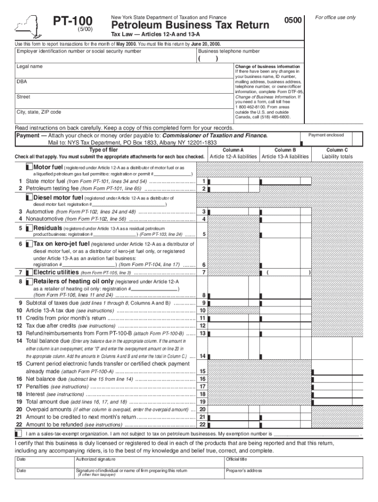 Fillable Online Form PT-100:05/00: Petroleum Business Tax Return, pt100 ...
