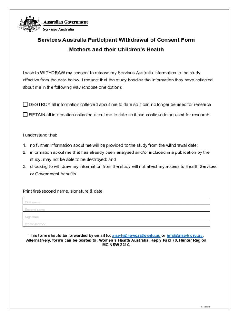 Fillable Online Services Australia Participant Withdrawal of Consent ...
