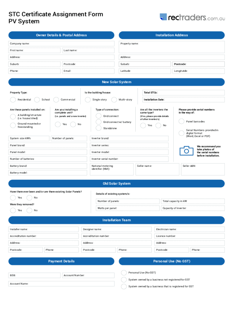 Fillable Online STC Assignment Form Photovoltaic Power Systems Fax ...