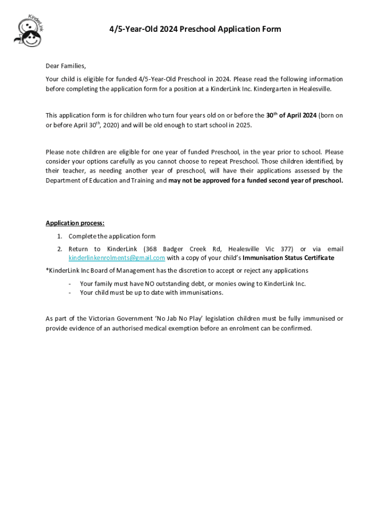 Fillable Online 2024 Preschool Application for 4/5-year-olds Fax Email ...