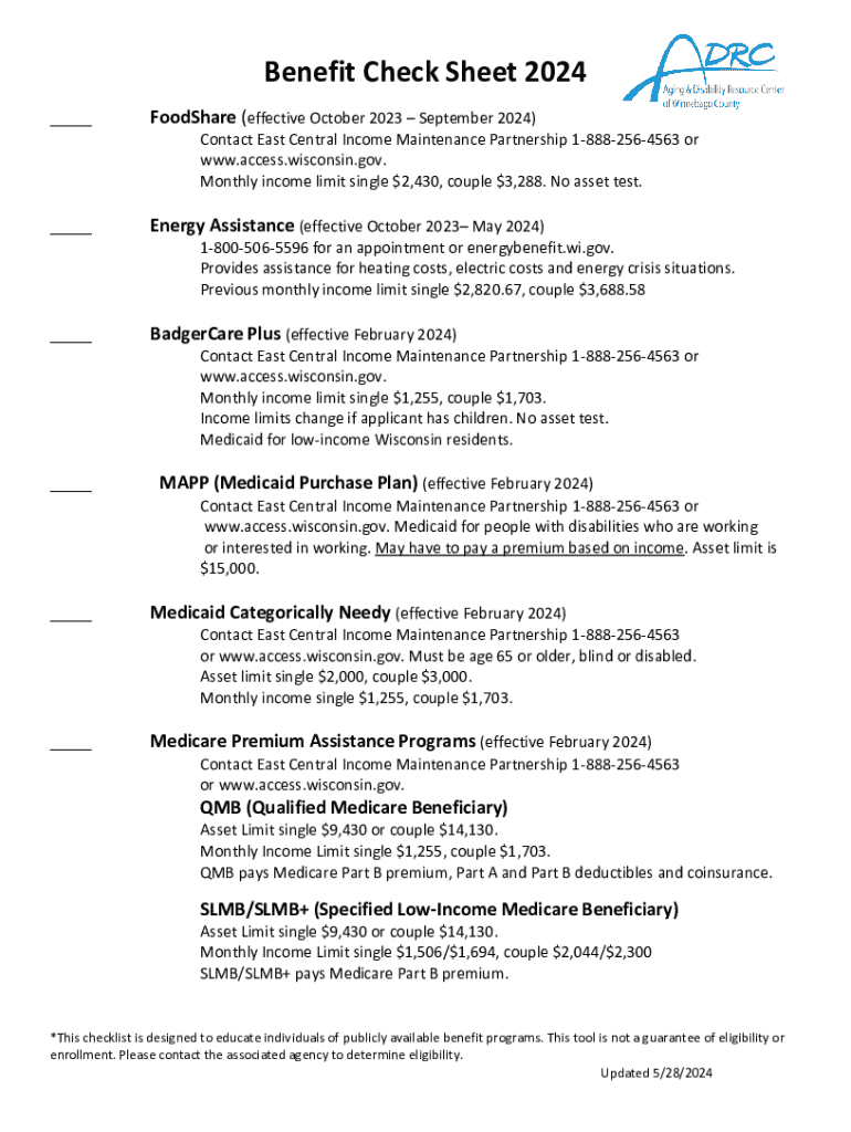Fillable Online Benefit Check Sheet 2024 Fax Email Print - pdfFiller