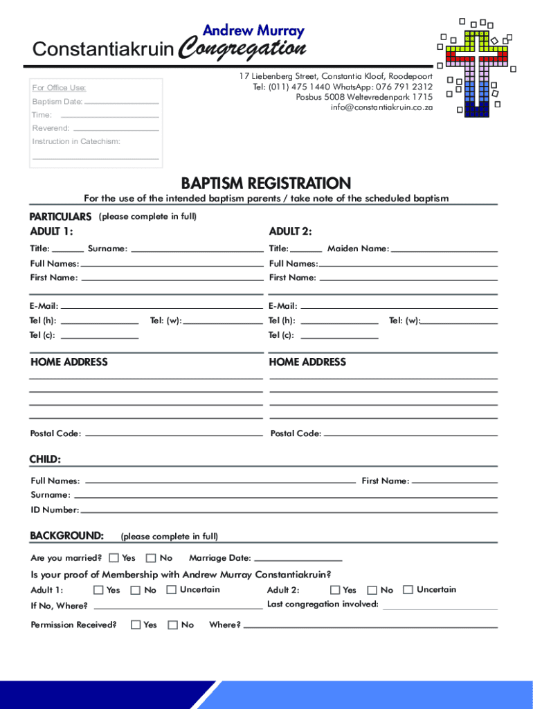 Fillable Online Baptism Registration at Andrew Murray Constantiakruin Fax Email Print - pdfFiller