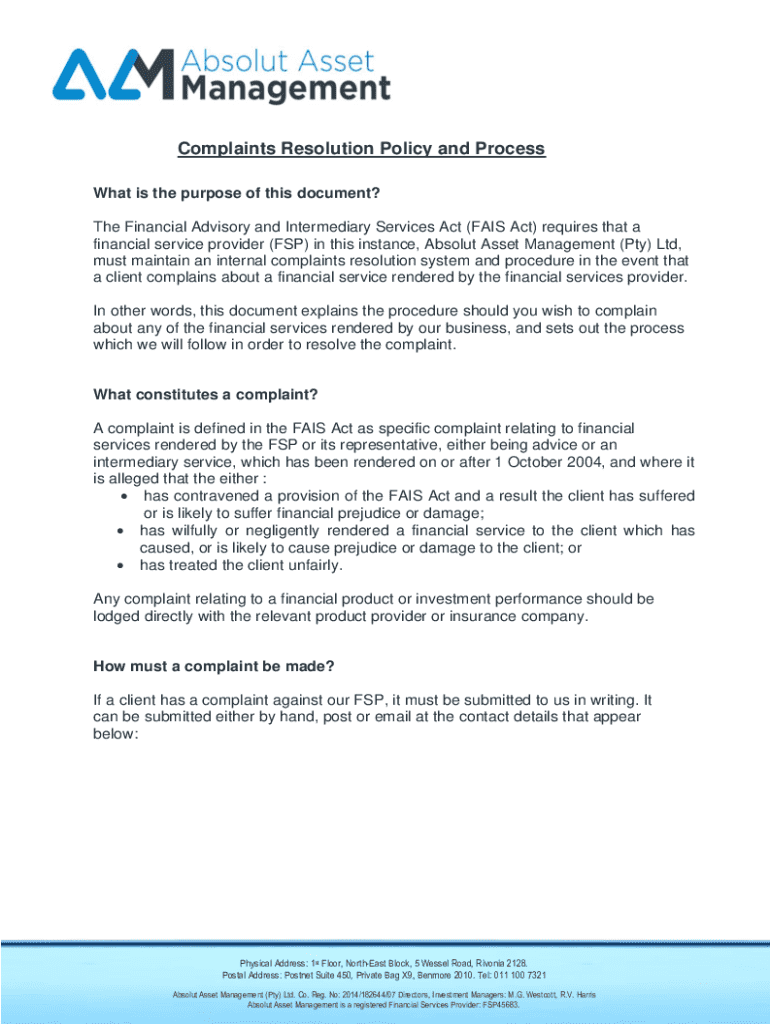Fillable Online Complaints Resolution Policy and Process Fax Email Print - pdfFiller