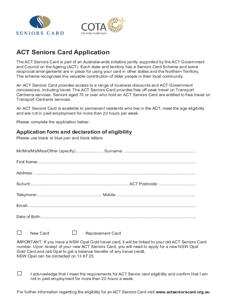 Fillable Online ACT Seniors Card Application form.indd Fax Email Print ...
