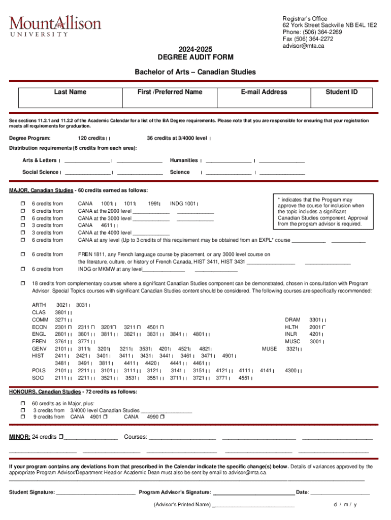 Fillable Online 2024-2025 Bachelor of Arts – Canadian Studies Degree Audit Fax Email Print ...
