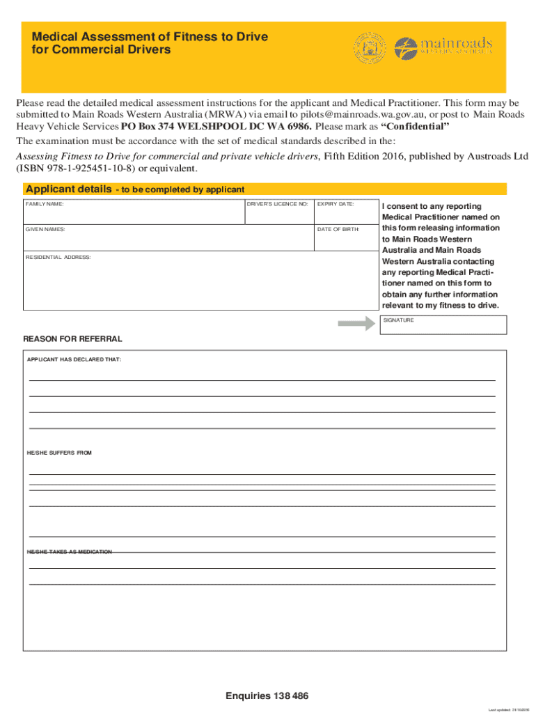 Fillable Online Medical Assessment Certificate - Fitness to Drive (Form ...
