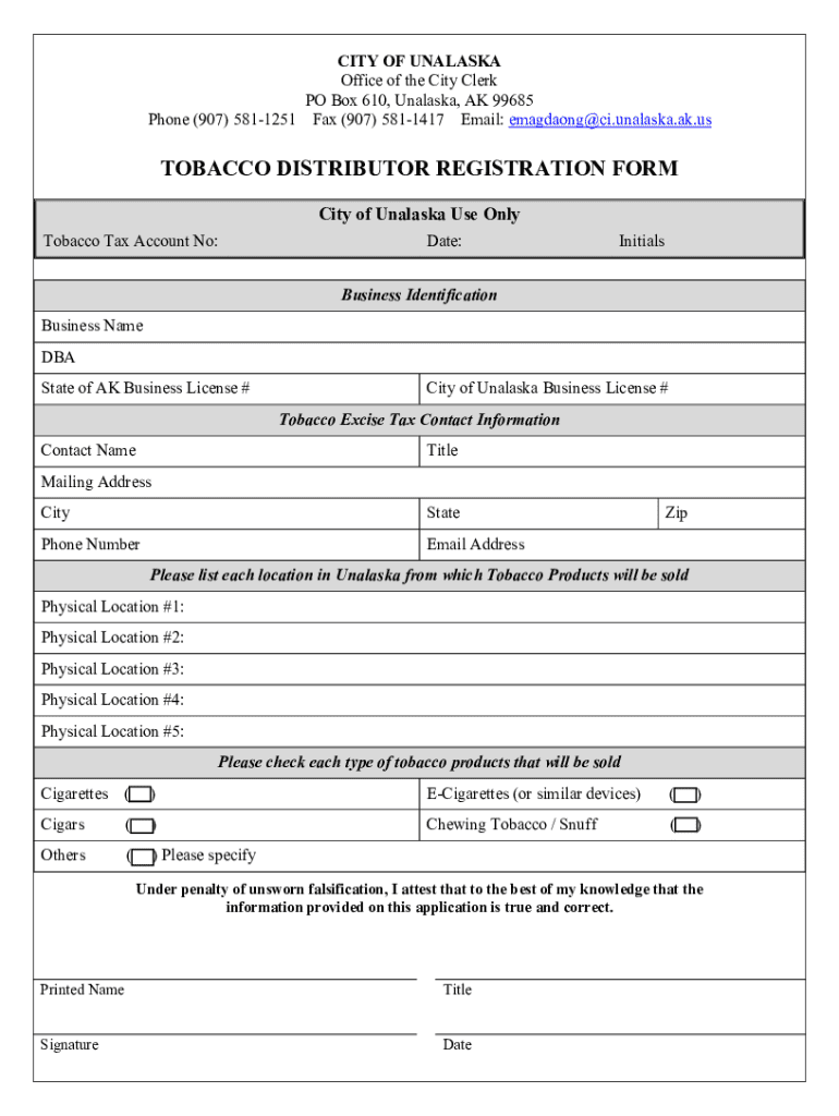 Fillable Online TOBACCO DISTRIBUTOR REGISTRATION FORM Fax Email Print - pdfFiller