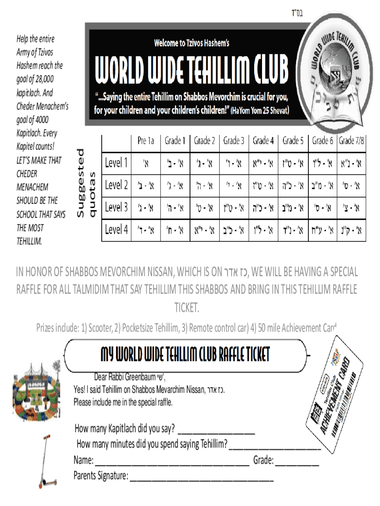 Fillable Online Tehillim Raffle for Shabbos Mevorchim Nissan Fax Email ...